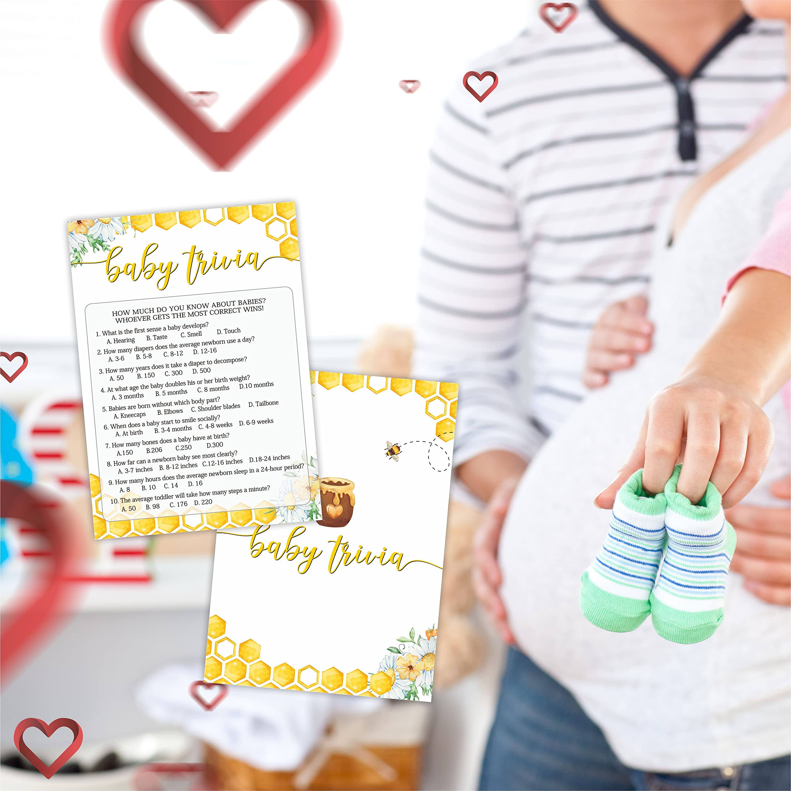 30 Honey Bee Themed Baby Shower Game Cards with an Answer Card, Baby Trivia double sided (5 X 7 inches)-(BABYYX-008)