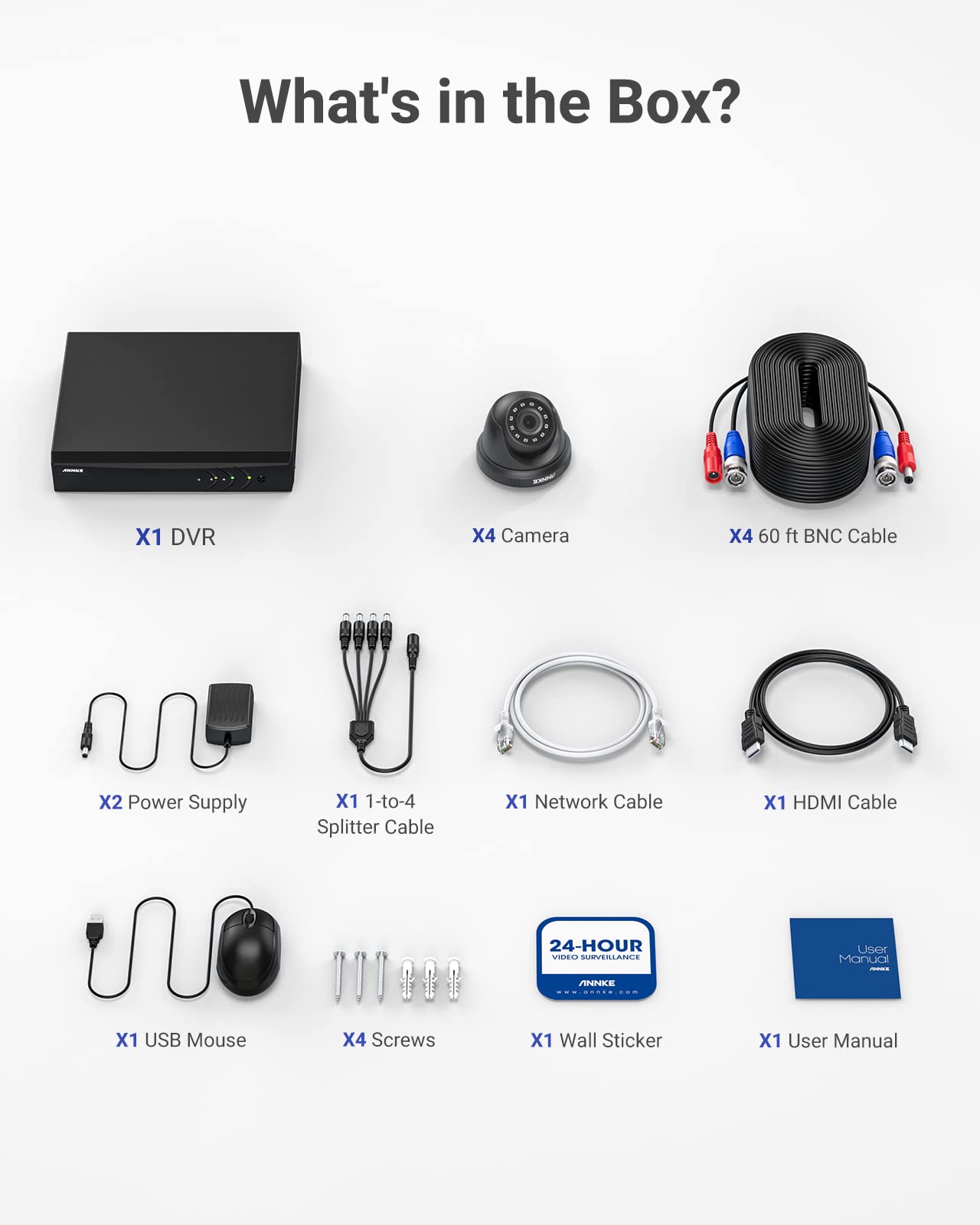 ANNKE H.265+ 8CH Home Security Camera System with Human/Vehicle Detection, 5-in-1 AI DVR Recorder and 4 x 1080P CCTV Indoor & Outdoor Turret Cameras, 100 ft Night Vision, Email Alert, No Hard Drive