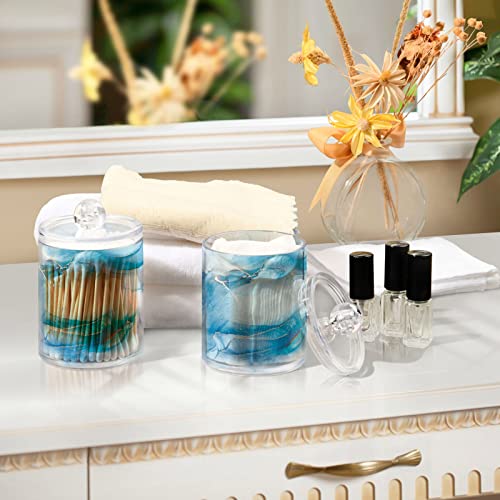 ALAZA 2 Pack Qtip Holder Dispenser Teal Turquoise Marble Bathroom Organizer Canisters for Cotton Balls/Swabs/Pads/Floss,Blue Marble Plastic Apothecary Jars for Vanity