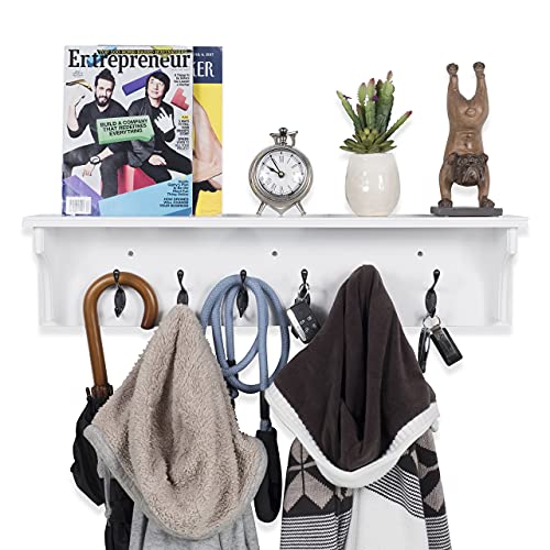 brightmaison Mante Entryway Organizer with Key Holder and Coat Rack, 6 Hooks for Hanging Face Masks, 30" Wood White