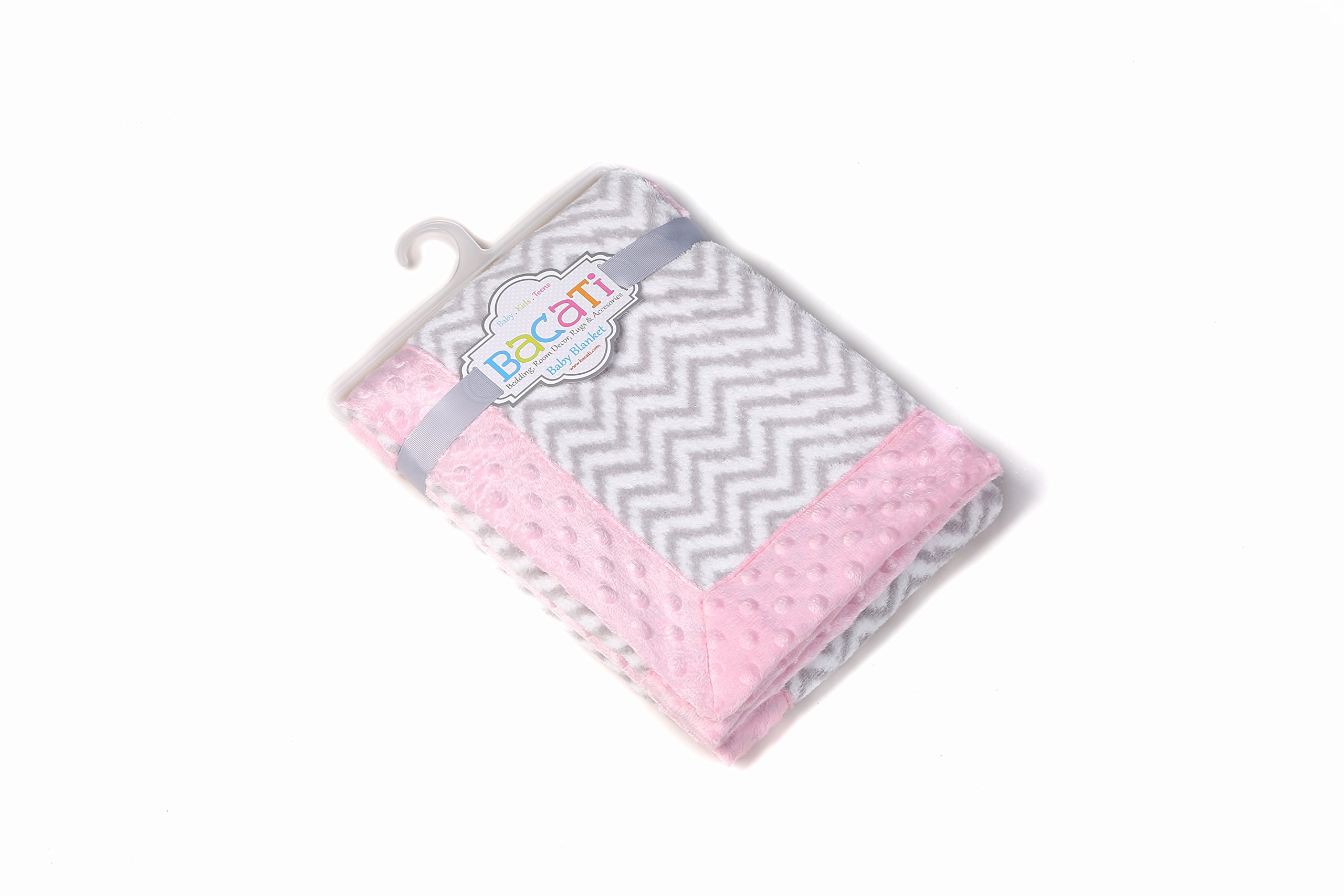 Bacati - Grey Ikat Zigzag with Popcorn Border Plush Blanket (Grey/Pink)