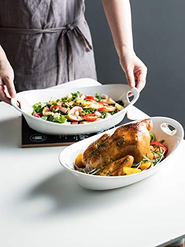 YHOSSEUN Large Serving Bowl with Handles Set Oval Serving Platter 1.5 Quarts Set of 2 White