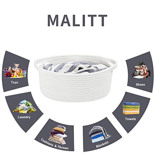 Cotton Rope Basket with Handles 13.4" x 8.7" X 5.9" Woven Cotton Rope Storage Baskets are Ideal for Toy Baskets Laundry Baskets Blanket Baskets and Nursery Baskets(White)