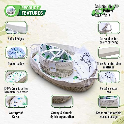 Complete Baby Basket and Storage Basket Solution for All Your Baby's Essentials - Set of 3 and Further 22x22 inch Bag - Woven Baskets for Storage and Changing Table Dresser with Extra Foamy Mattress.