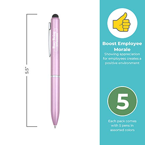 Cheersville 5 Pack Pastel Pens with Stylus Tip - Assorted Designs Motivational Quotes - Ballpoint Black Ink Fine Point 0.5mm, Assorted Designs School Office Home Onboarding Employee Gifts