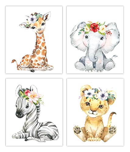 Designs by Maria Inc Set of 4 UNFRAMED Flower Crown WaterColor Animal Print Pictures | Baby Nursery Decor | Zoo Animals Pictures | Safari Room Decor For Babies | Nursery Art Safari Wall Decor (11x17")
