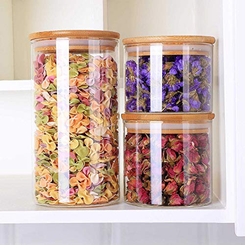 ComSaf Airtight Canisters for Bulk Food Storage Set of 3-17/22/43oz, BPA Free High Borosilicate Glass Cookies Jar with Bamboo Lid, Cylinder Cereal Container with Sealing