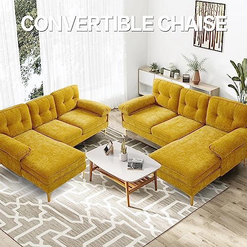 82" Sectional Couch w/Chaise Sleeper, Chenille Small L Shape Sofa Couch, Sofa with Chaise Mid-Modern Century Couch with Removable and Washable Cushions (Yellow)