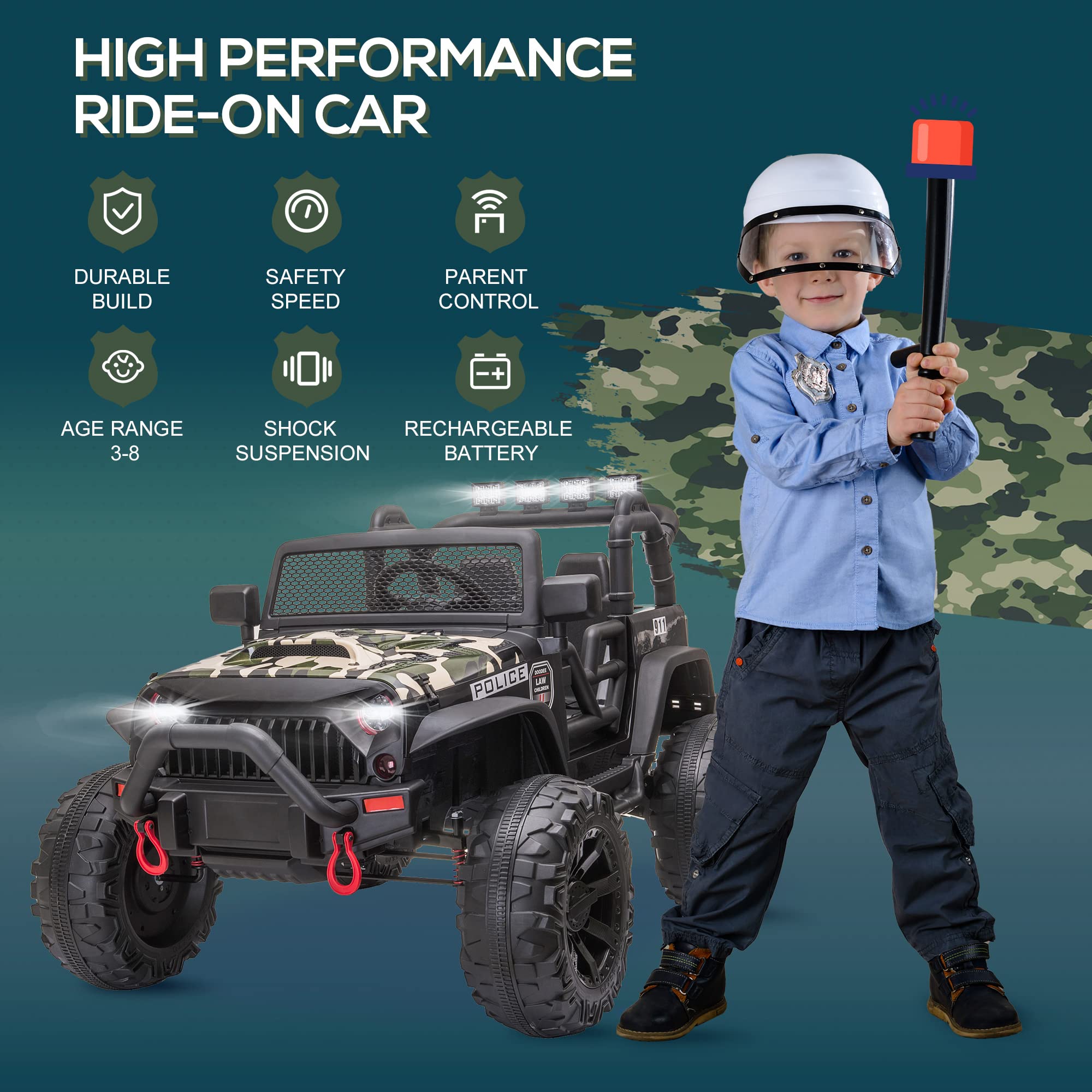 Aosom Ride On Truck for Toddlers 3-8 with Bluetooth, 12V Battery-Powered Electric Car for Kids with Wide Seat, Remote Control, Music, Camo