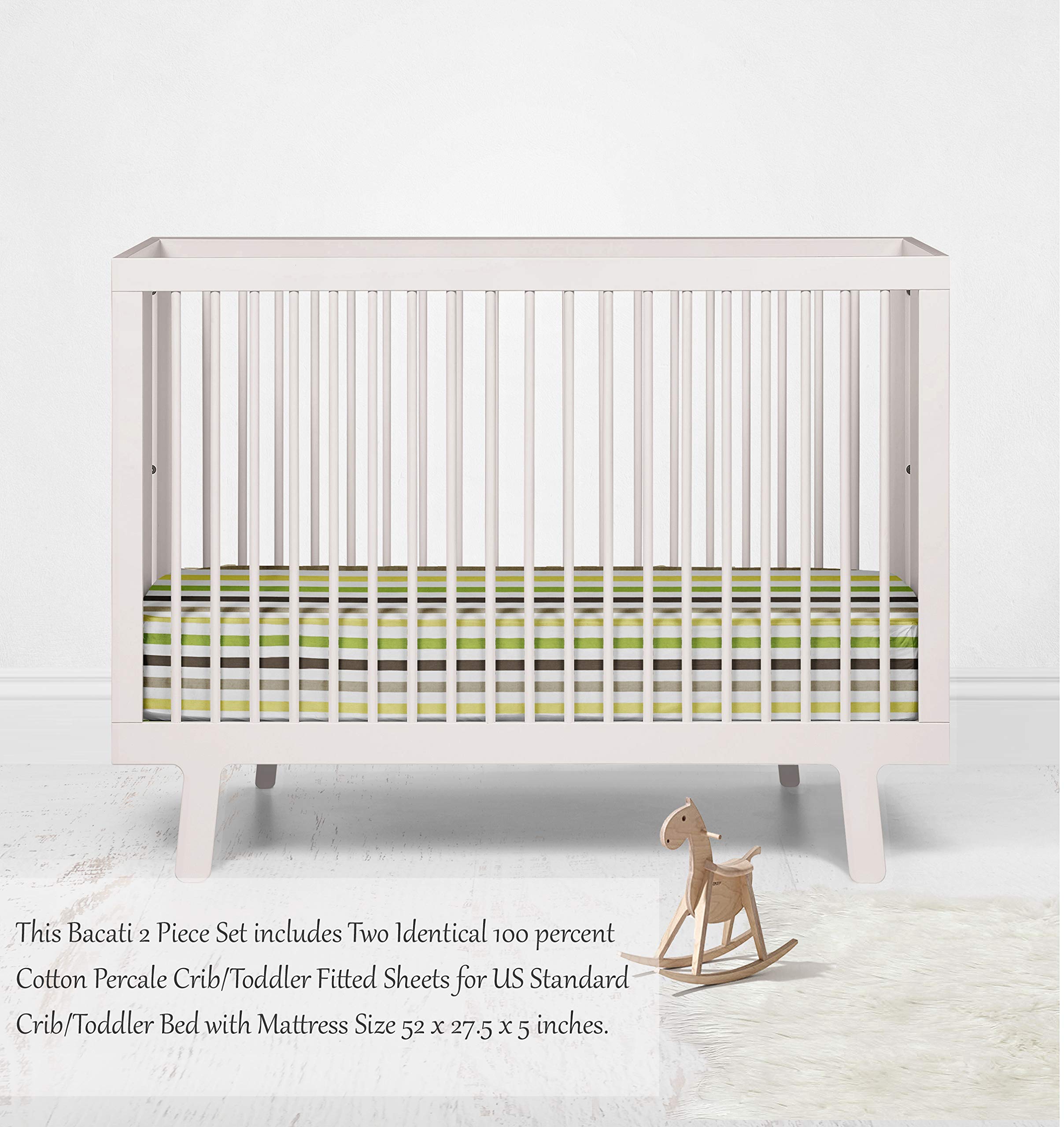 Bacati Crib Fitted Sheets, Mod Stripes Green/Yellow/Chocolate (Pack of 2)