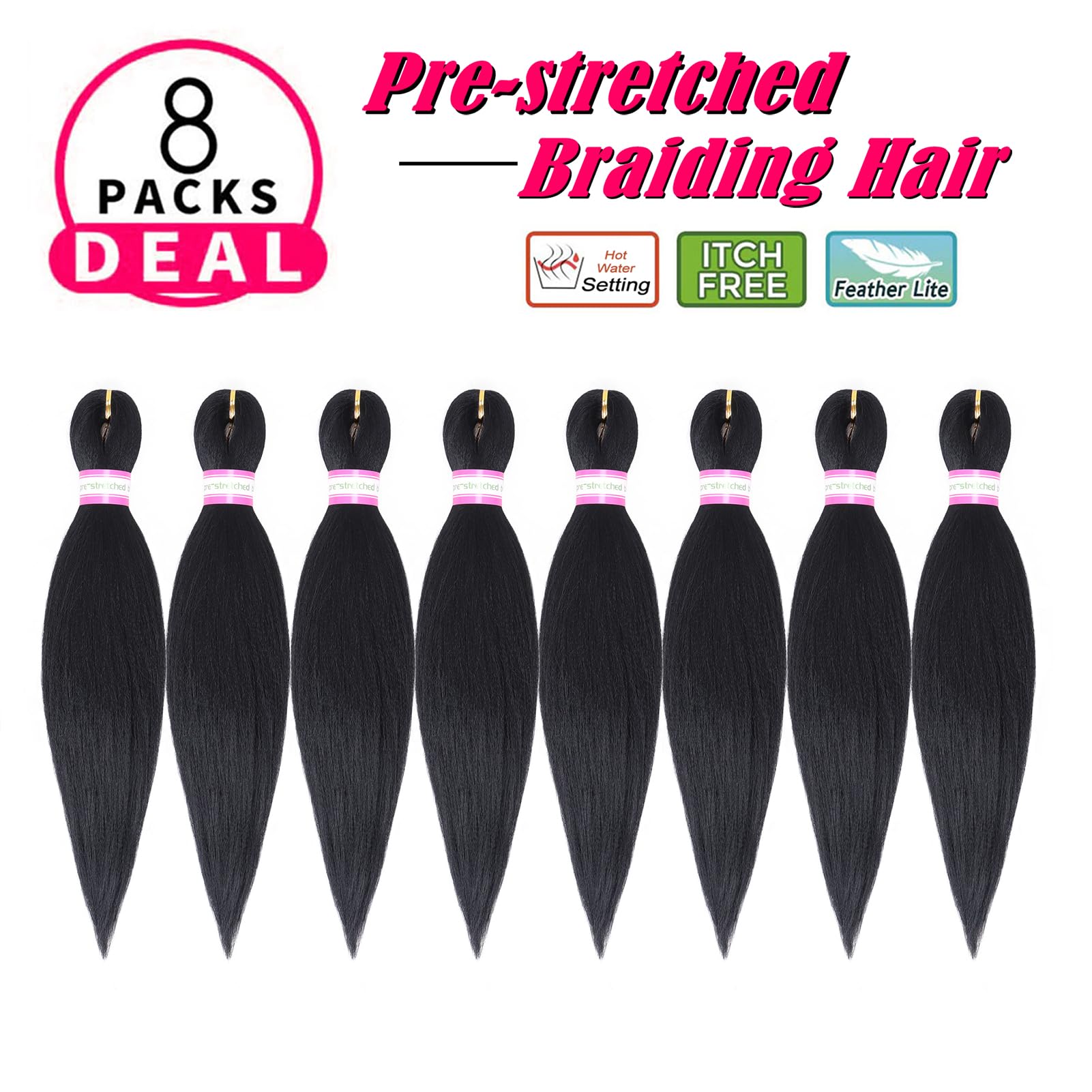 Pre-Stretched Braiding Hair Extensions Black-12 Inch 8 Packs Synthetic Braiding Hair Crochet Braids, Natural Easy Braid Crochet Hair, Hot Water Setting Professional Soft Yaki Straight Texture (#1B)