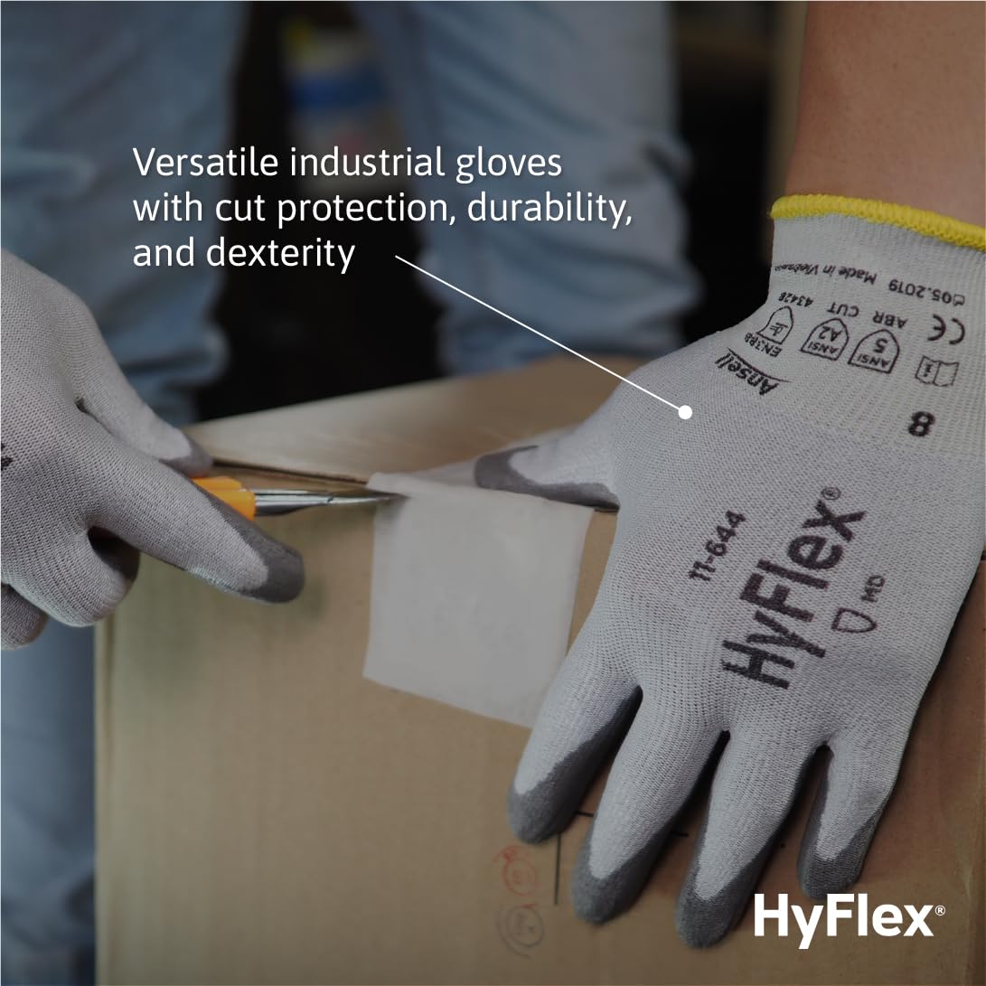 Ansell HyFlex 11-644 Mechanical Protection Cut-Resistant Industrial Gloves, Large, White & Grey (144 Pairs)
