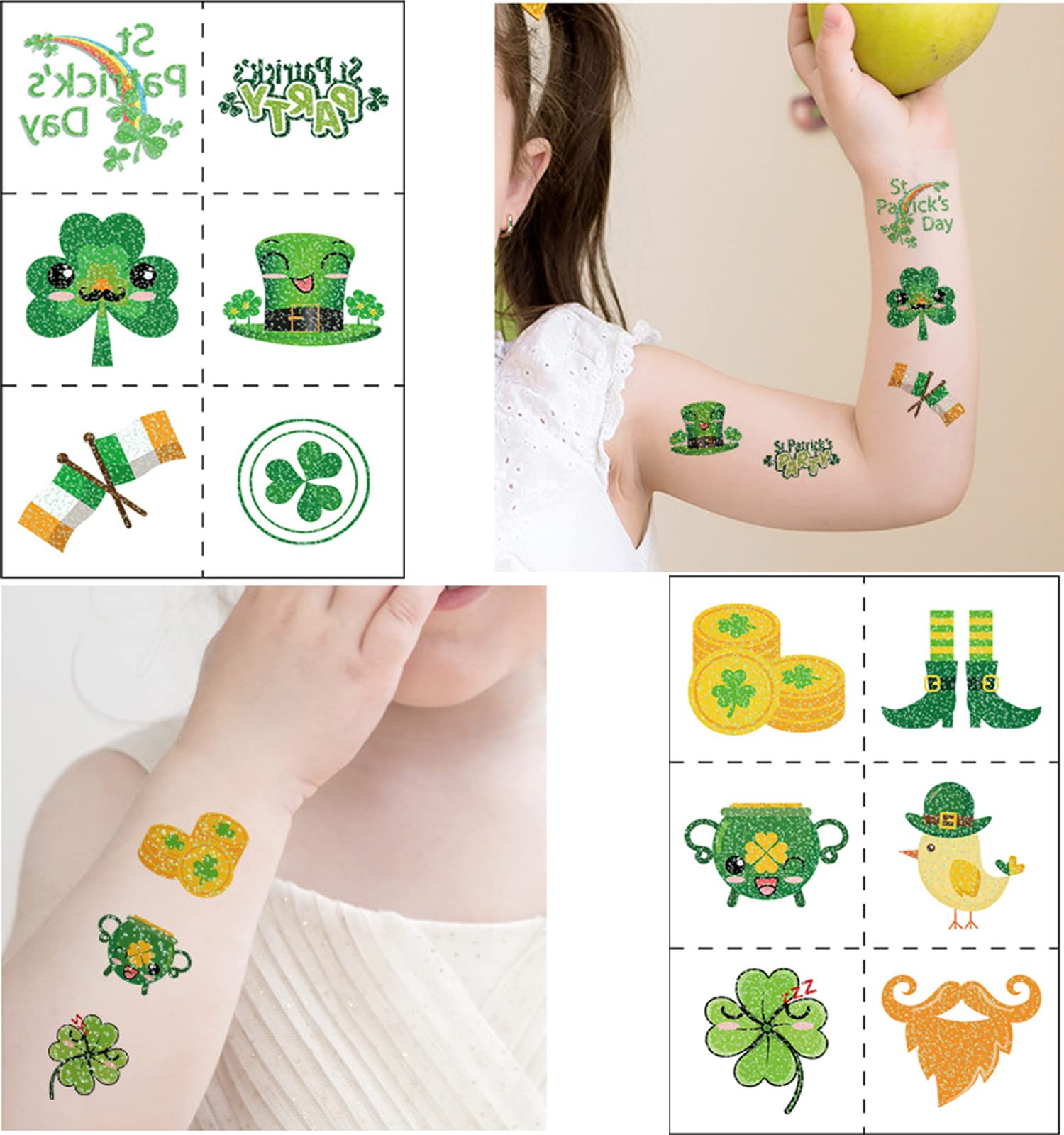 St. Patrick's Day Glitter Tattoos,Shamrock Lucky Clover Temporary Tattoo Stickers, St. Paddy's day Decorations Pack of 8,48Pcs Waterproof Decor for Men Women Kids