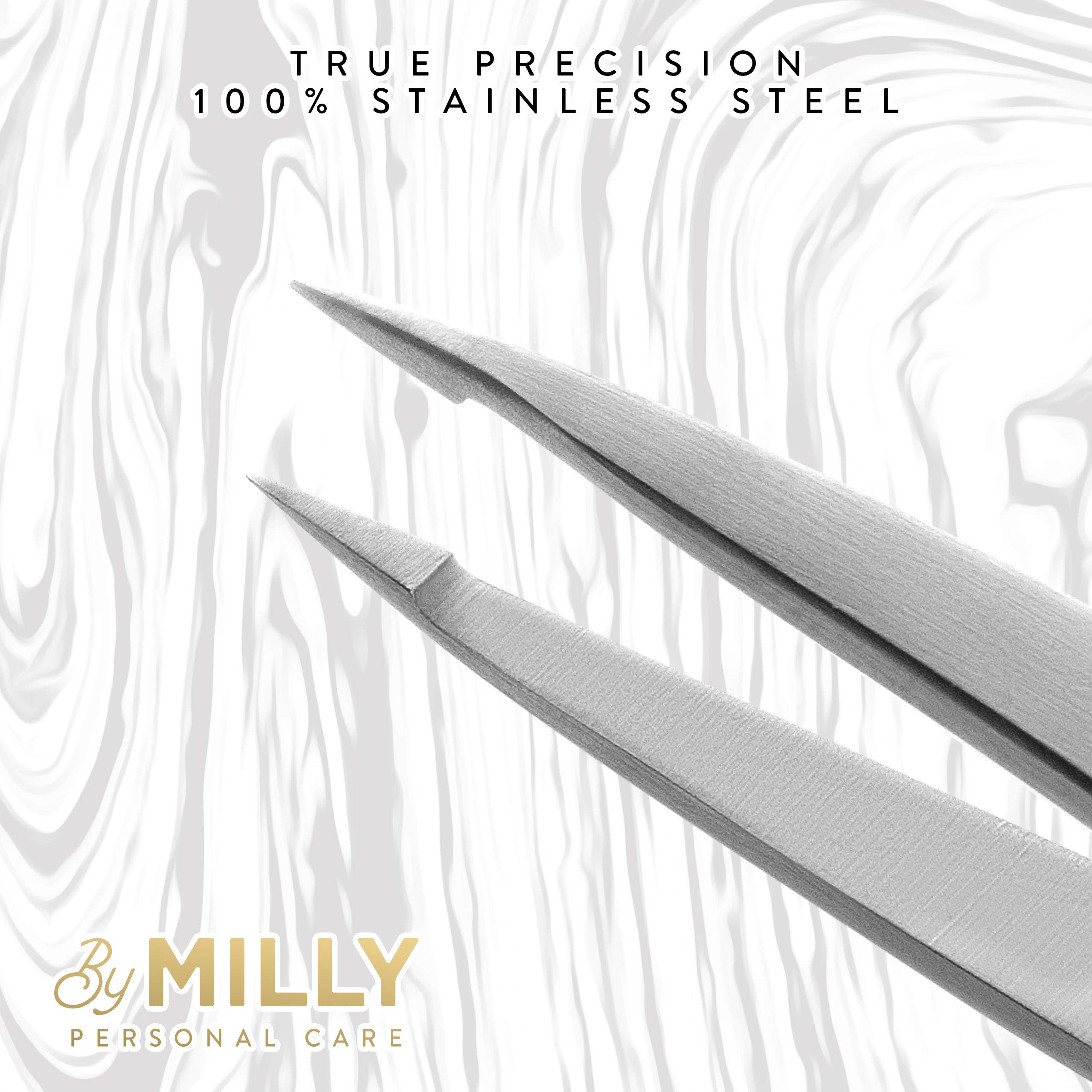 By MILLY Pointed Tweezers | High Carbon Stainless Steel Needle Nose Tweezers | Fine Point Tweezers Precision Hair Removal | Perfectly Aligned & Hand-Filed Sharp Tweezers | Silver