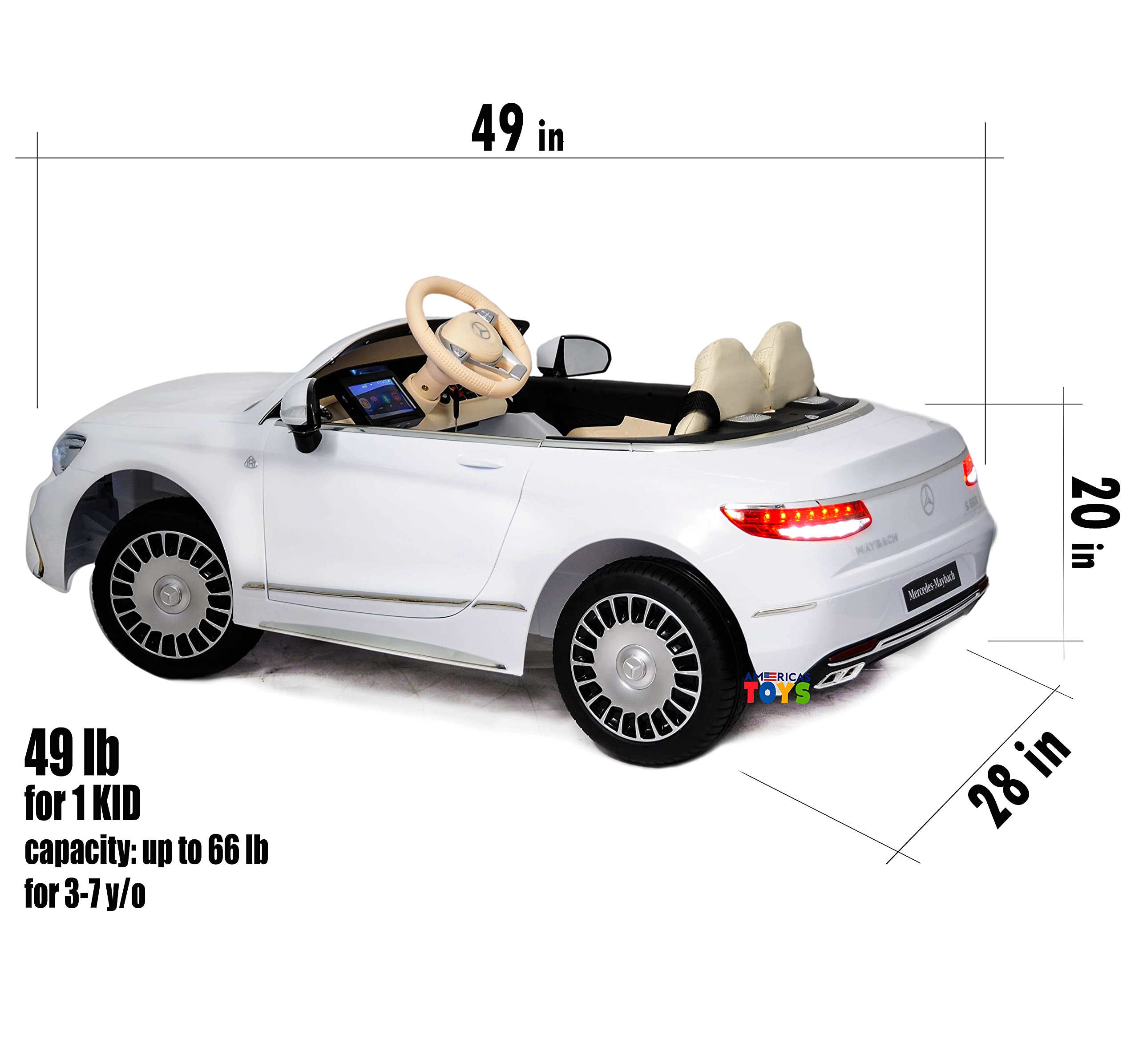 Americas Toys Car for Kids to Drive with Leather Seat, Mp4 Player, Bluetooth, Remote Control – Ride in Vehicle One Seater with Open Doors, 5 Point Safety Belt, Compatible with Mercedes Maybach White