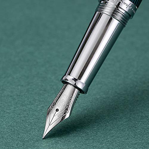 Hongdian 1843 Navigator Fountain Pen Fine Nib Solid Metal, Green Ripple Pattern with Refillable Converter and Metal Pen Case