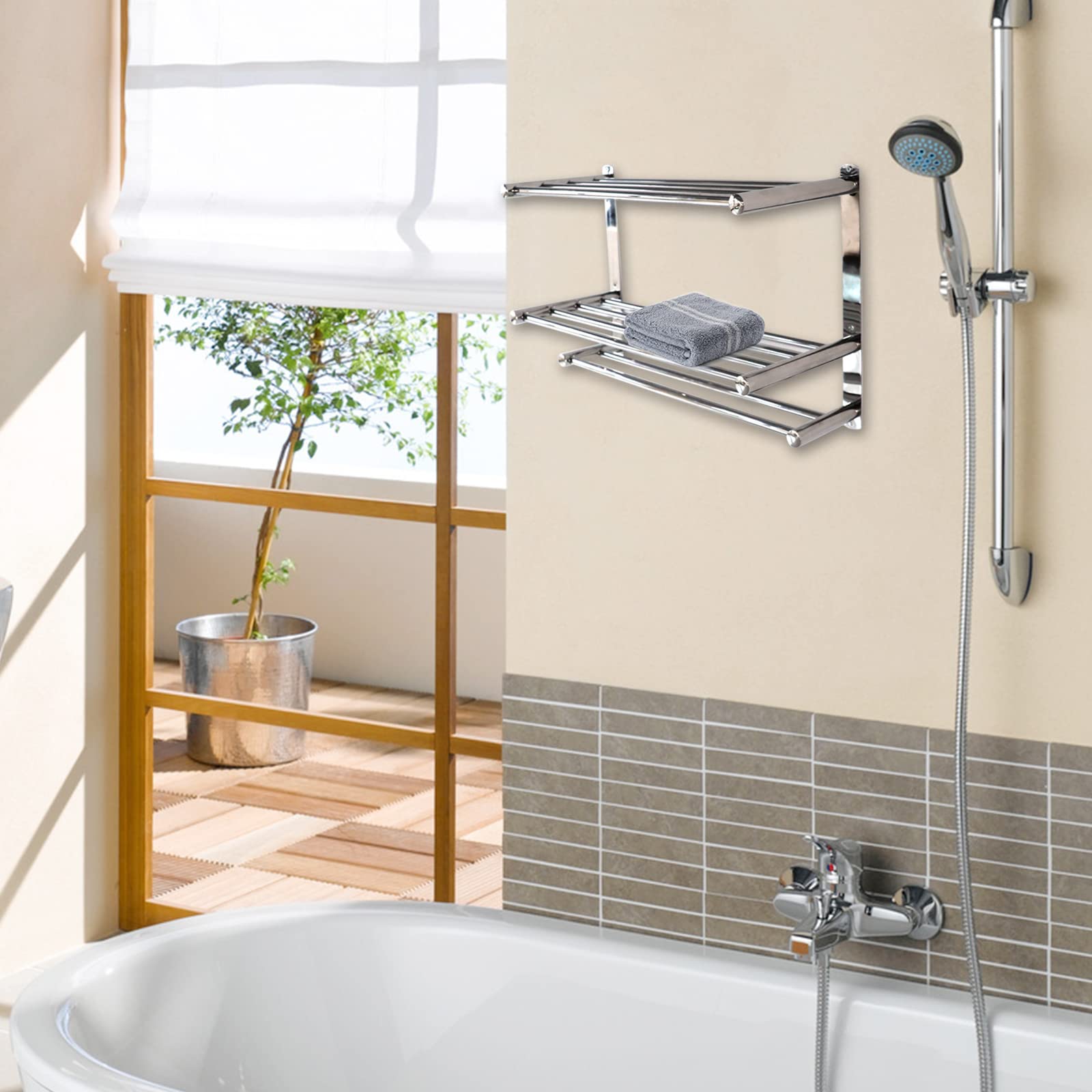 3-Tier Bath Towel Bar,24Inch Multilayer Towel Rack Stainless Steel Wall Mounting Shelf Bathroom Shelf with Towel Bars for Kitchen Bathroom