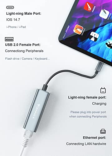FOINNEX Lighting to Ethernet Adapter, 3 in 1 RJ45 Connector, Apple LAN Network Adapter with USB OTG and Charge Port, Plug and Play with100 Mbps Network Compatible with iPhone/iPad/iPod (1.6FT)