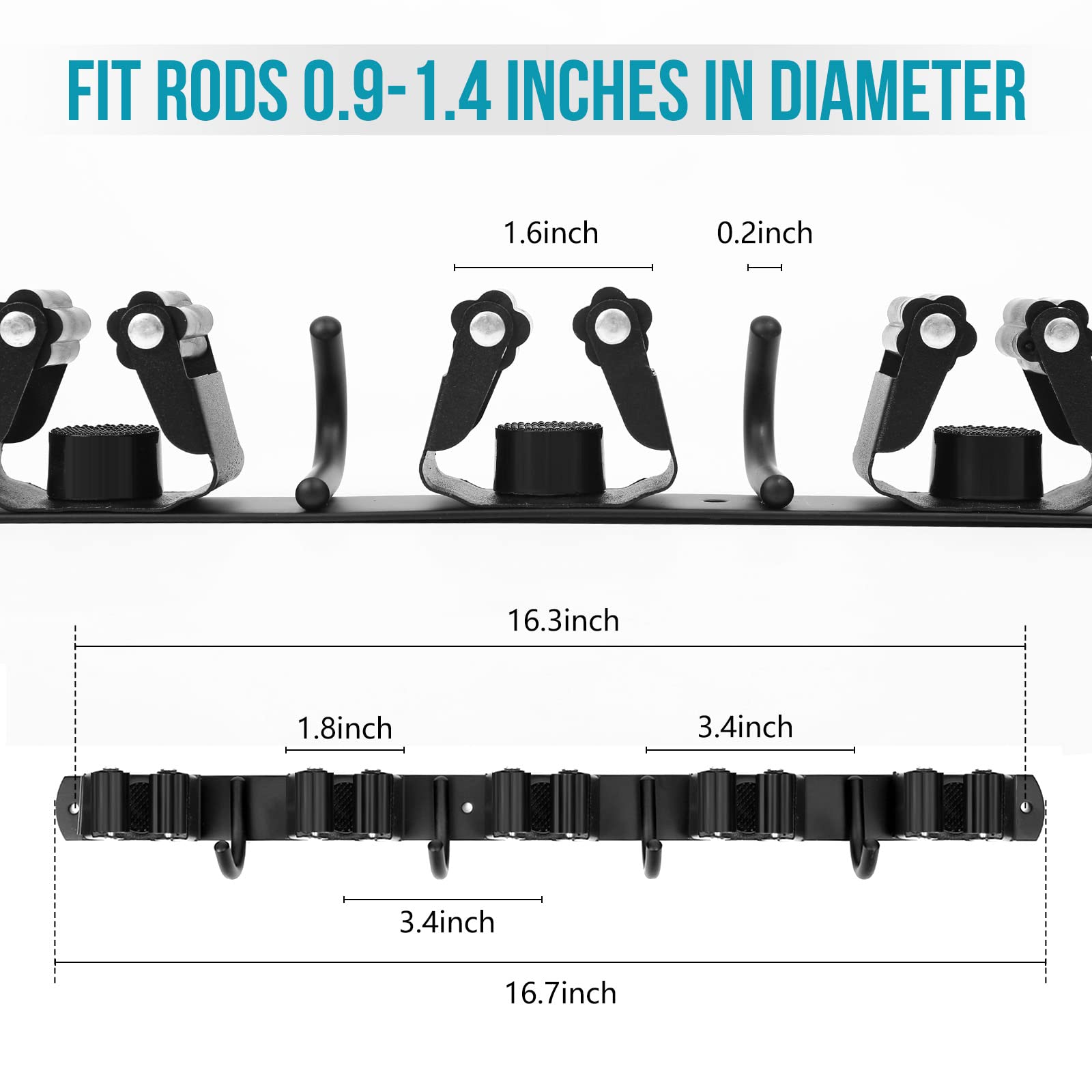 COOKCUTE Broom Holder Wall Mount, 5 Slots 4 Hooks Black Stainless Steel Broom Organizer Wall Mount Mop and Broom Holder Wall Mounted Heavy Duty, Broom Hanger Self Adhesive, Mop Holder Garage Shelving