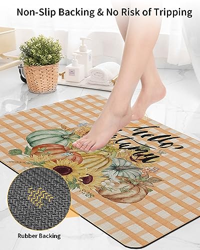 Bathroom Floor Shower Mat, Non-Slip Small Rugs - Easy to Clean, Hello Autumn Thanksgiving Pumpkin Sunflower Daisy Pattern Durable Bath Rug 20"x32" Washable Quick Dry Mats for Bathtubs