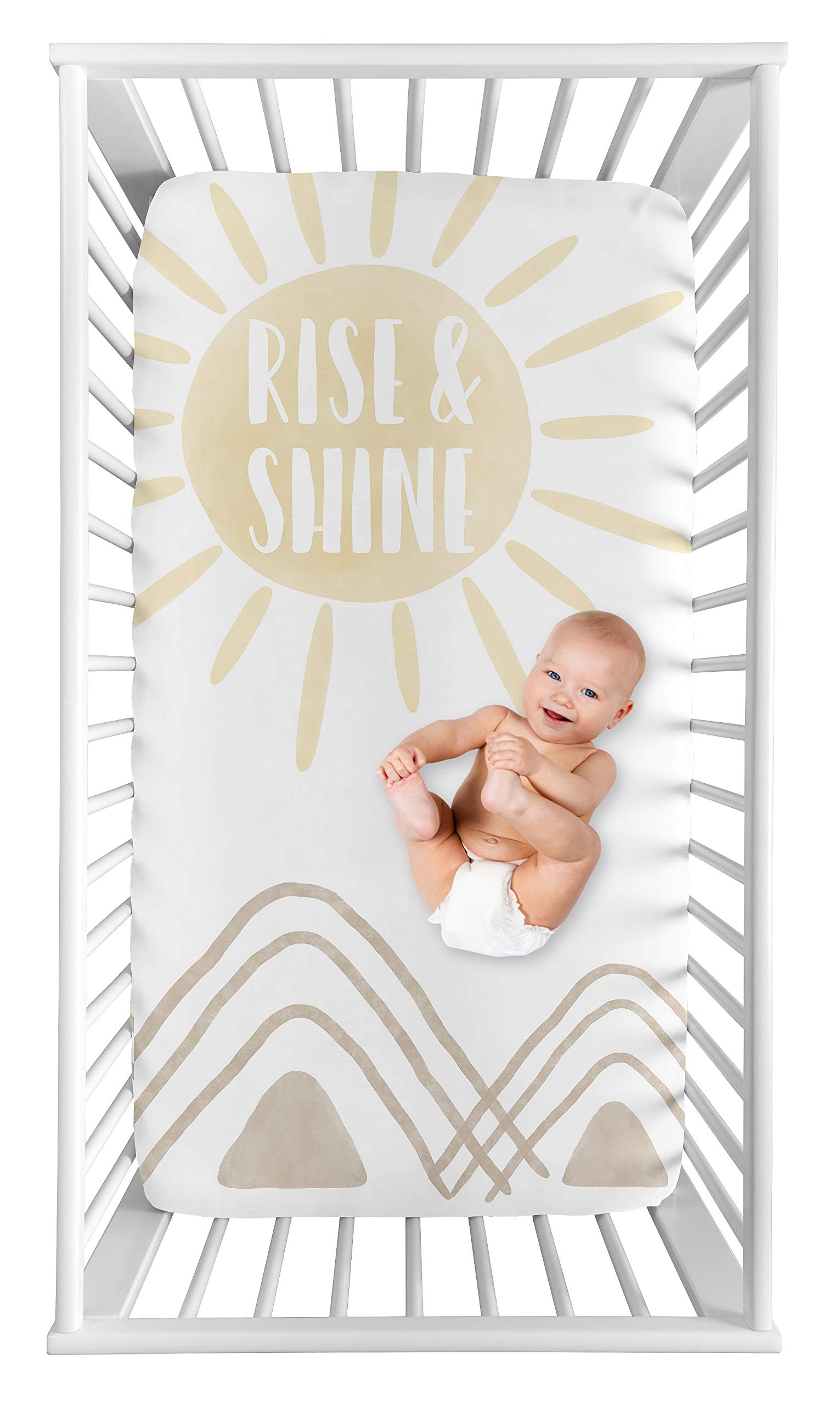 Sweet Jojo Designs Boho Desert Sun Girl or Boy Fitted Crib Sheet Baby or Toddler Bed Nursery Photo Op - Gold and Taupe Bohemian Watercolor Mountains Southwest Nature Outdoors Minimalist Rise and Shine