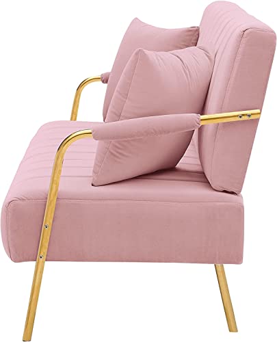 60" Contemporary Loveseat Sofa with 2 Pillows Modern Upholstered Twin Size Small Loveseat Couch Accent Sofa for Small Spaces Cashmere Sofa Couch with Golden Metal Legs for Bedroom Living Room (Pink)