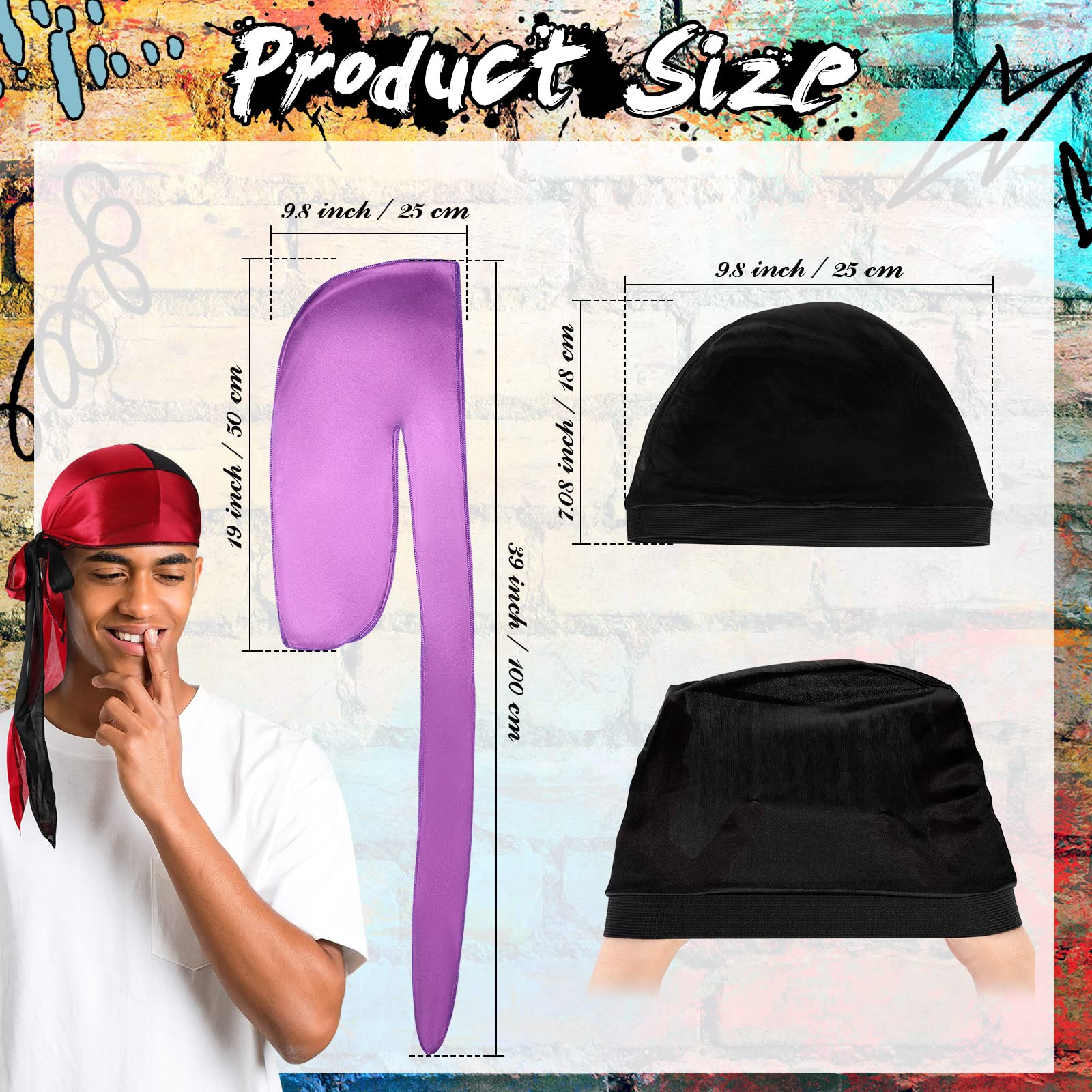 28 Pcs Silky Durags Set Includes 24 Satin Durag for Men Women Long Tail Headwraps with 4 Elastic Wave Cap (Multi Color)
