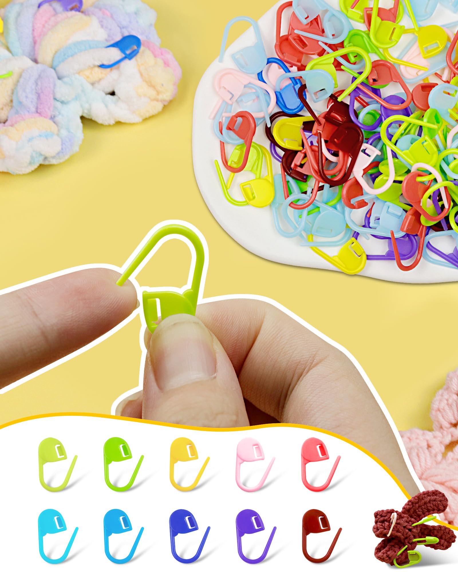 300pcs FIVEIZERO Stitch Markers with 6 pieces of large blunt sewing needles,colorful knitting markers,plastic crochet hook clip,bulk Crochet hook markers for knitting stitch locking clip crochet hooks