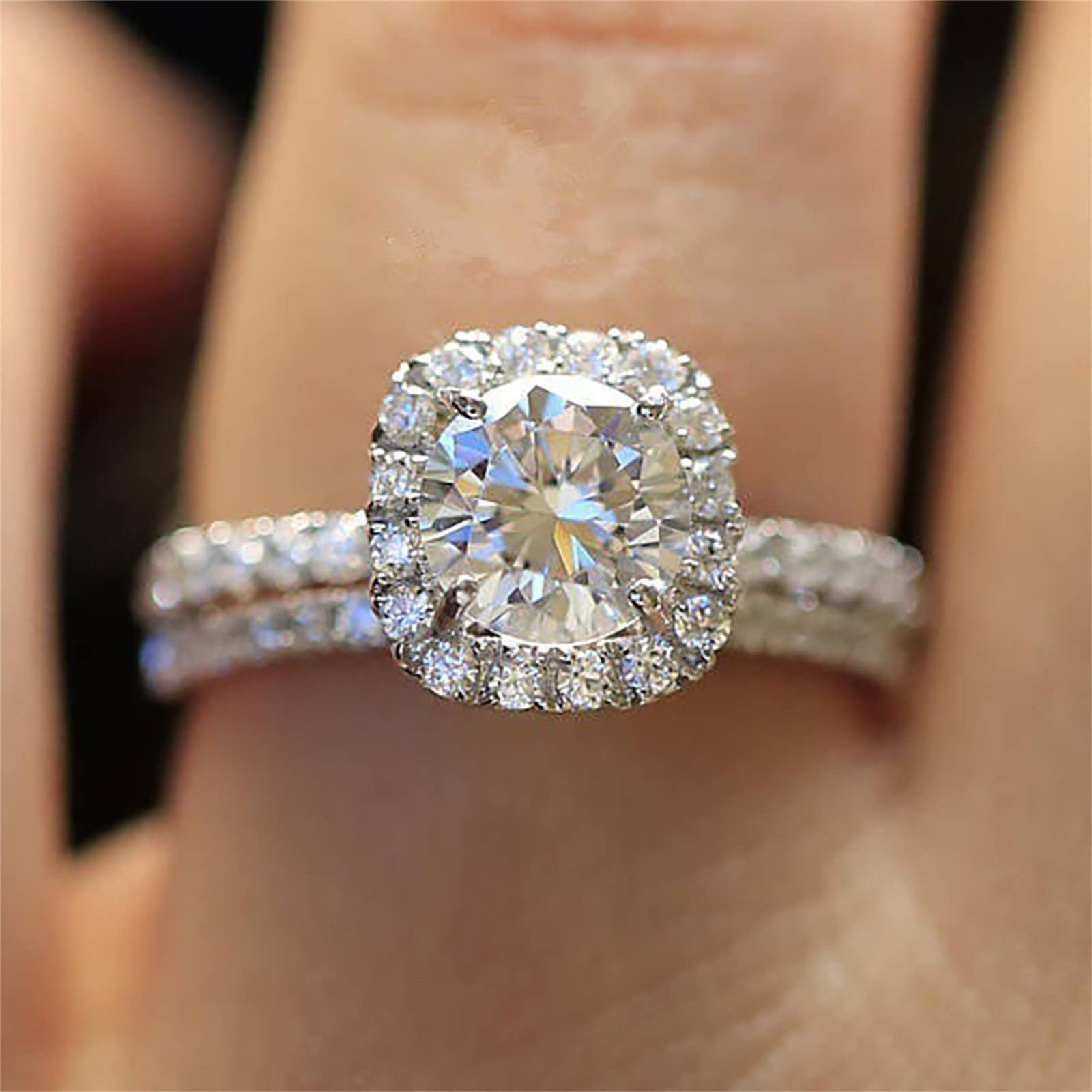 2pcs Full Diamond Ring Set for Women Exquisite Stackable Square Diamond Engagement Wedding Jewelry Birthday Valentine's Day Gifts