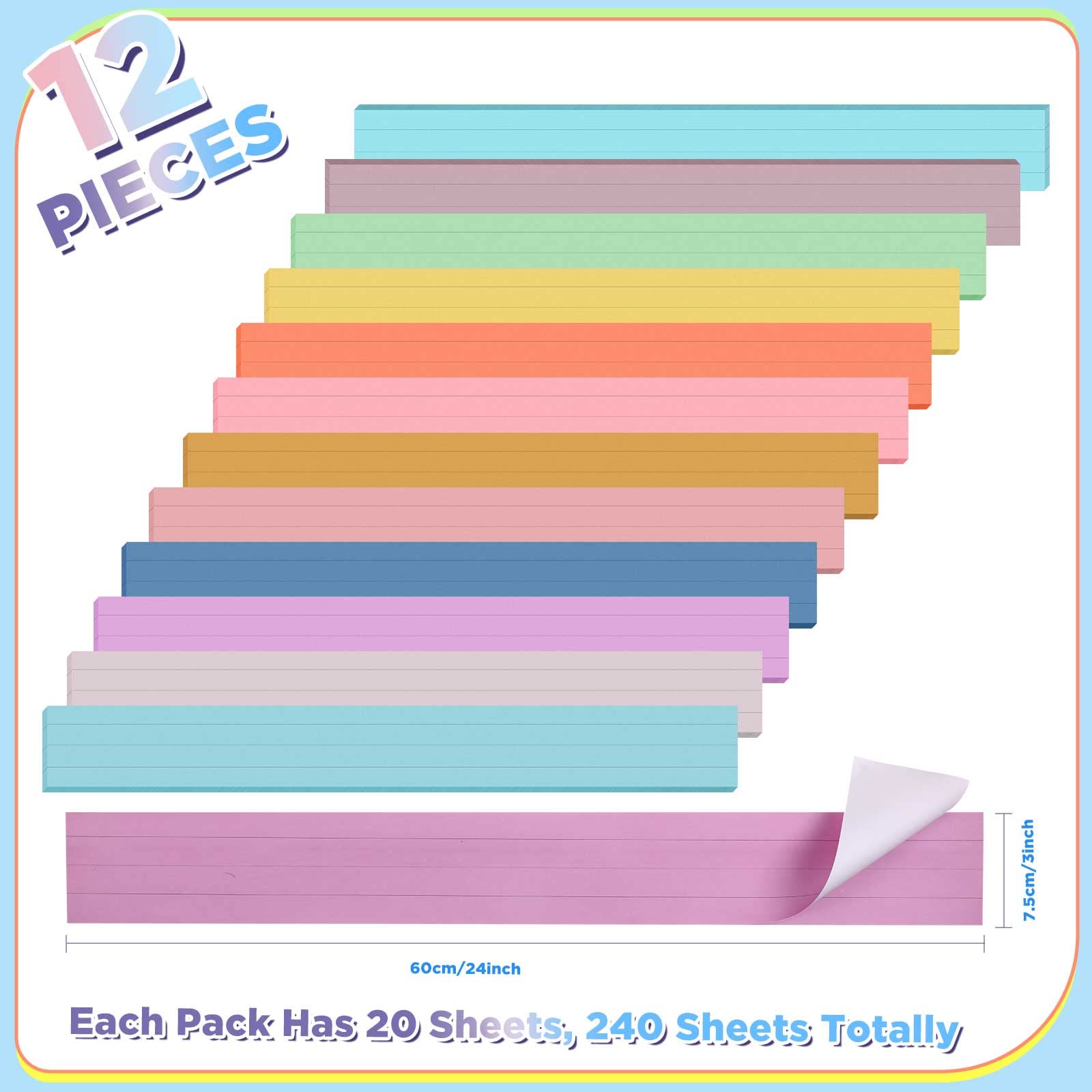 240 Sheets 3 x 24 Inches Sentence Strips Adhesive Colorful Ruled Word Strips Rainbow Sentence Learning Strips for Office School Classroom Teacher Student Supplies, 12 Colors, 12 Pads Totally