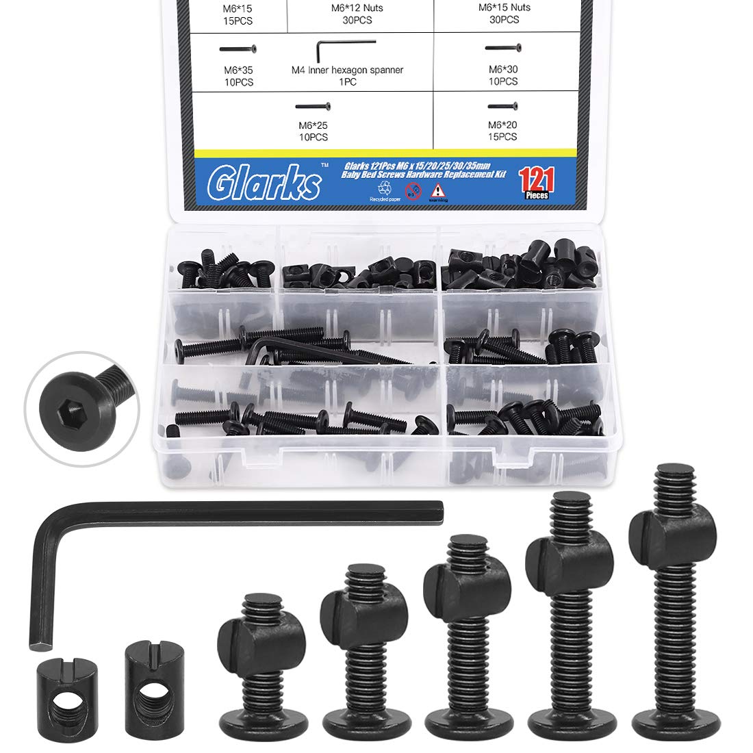 Glarks 120Pcs M6x15/20/25/30/35mm Black Hex Socket Cap Bolt Screws and Barrel Nut Assortment Kit with a Allen Wrench for Crib Baby Bed Cots Furniture