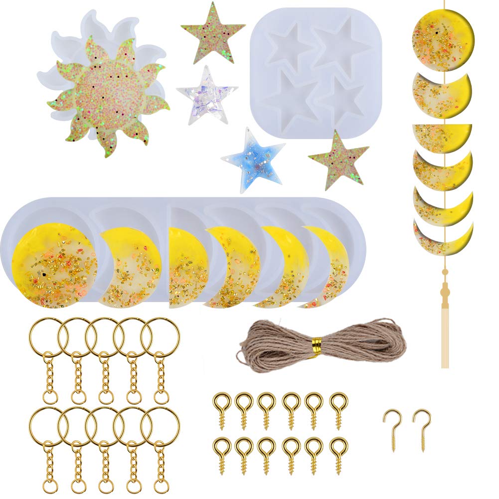 3Pcs Resin Molds for Jewelry Keychain Resin Casting Mold Silicone Mold Jewelry Mold for Resin Epoxy Moon Star Sun Shapes with Keyrings String