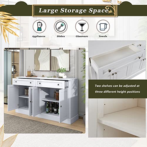 60β Large Storage Cabinet Buffet Sideboard with 2 Drawers & 4 Doors, Wood Console Table Entryway Cupboard with Adjustable Shelves, Kitchen Dining Room Living Room Furniture Organizer (White-4)