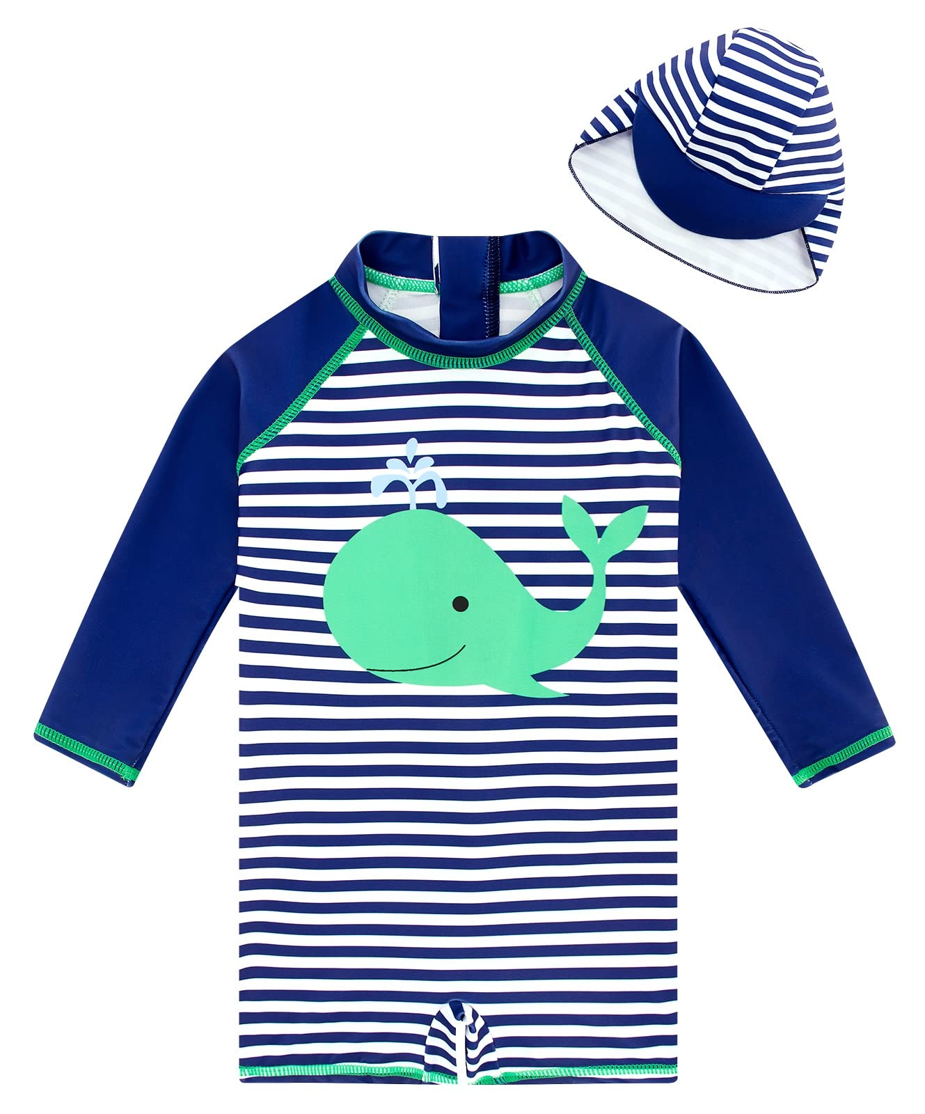 Toddler Boy Swimsuit 6-12 Months Baby Boys One Piece Sunsuit with Sun Hat Long Sleeve Whale Zip Bathing Suit Green Swimwear
