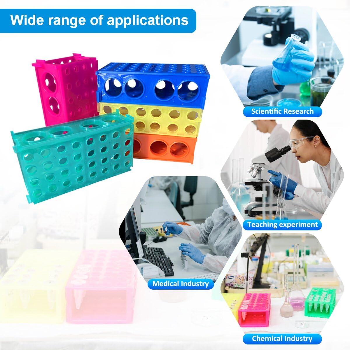 4-Way Plastic Test Tube Rack,Test Tube Holder with 5 Different Colors(Blue,Yellow,Orange,Pink,Green),Pack of 5