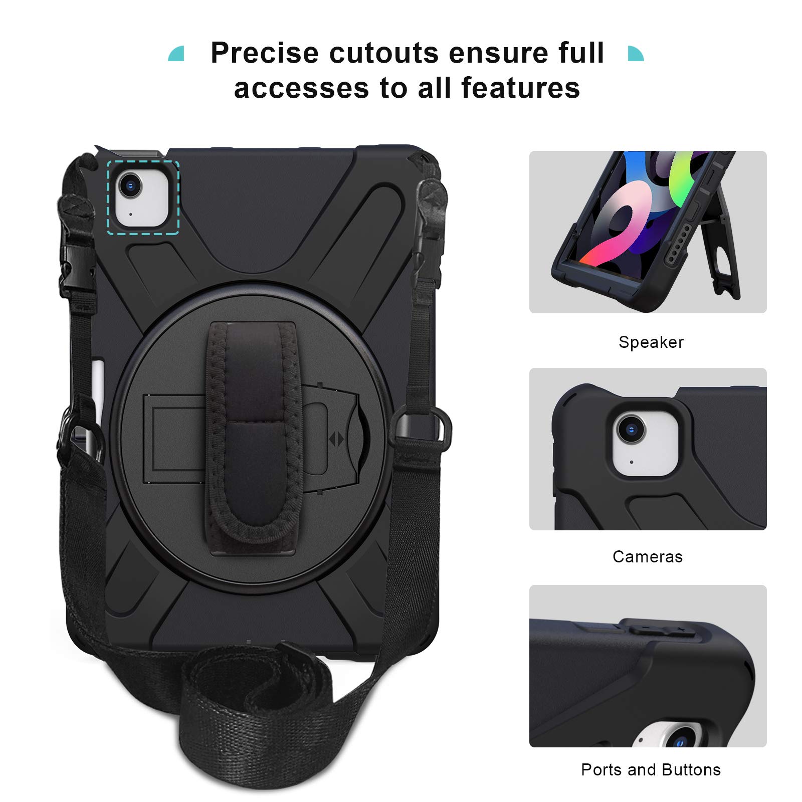 ProCase Rugged Case for iPad Air 11 inch (M2) 2024/ Air 5th / 4th Gen 10.9", Heavy Duty Shockproof Rotating Protective Cover for Air 11/5th Gen 2022 / 4th Gen 2020 -Black