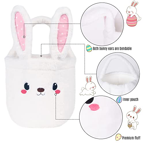 Bunny Easter Basket for Kids, Cute Plush Empty Bucket with Foldable Ears and Handle Egg Hunt Tote Candy Bag Basket for Boy Girl Teens Gift, Easter Basket Decor White 9×9 Inch