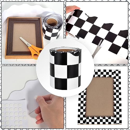 4 Rolls132ft Checkerboard Bulletin Board Trim Girl Style Bulletin Board Borders Checker Scalloped Bulletin Board Borders Racing Theme Back to School Party Decor with 140 Pieces Glue Point dots