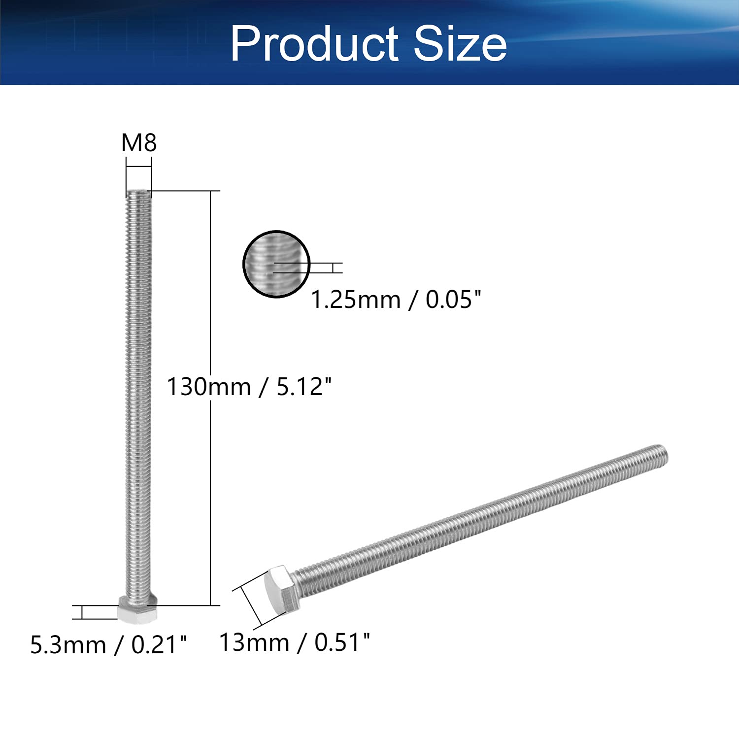 Yinpecly M8 Hex Bolt M8-1.25 x 130mm UNC Hex Head Screw Bolts 304 Stainless Steel Fully Threaded Hex Tap Bolts 5pcs