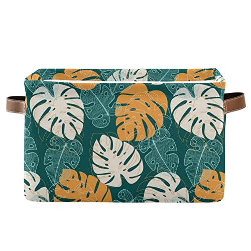 ALAZA Tropical Leaves and Bright Plants on Green Storage Basket for Shelves for Organizing Closet Shelf Nursery Toy, Fabric Collapsible Storage Organizer Bins Decorative Baskets with Handles Cubes