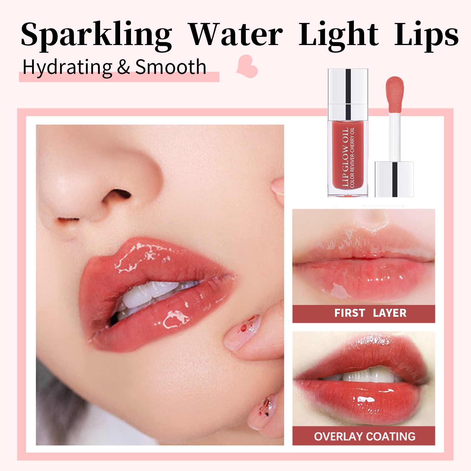 2pcs Hydrating Lip Glow Oil Set Pink Tinted Plumping Lip Care Gloss Balm Big Applicator Clear Transparent Toot Nourishing Non-sticky Moisturizing Glitter Primer for Dry Lip Raspberry& Rosewood