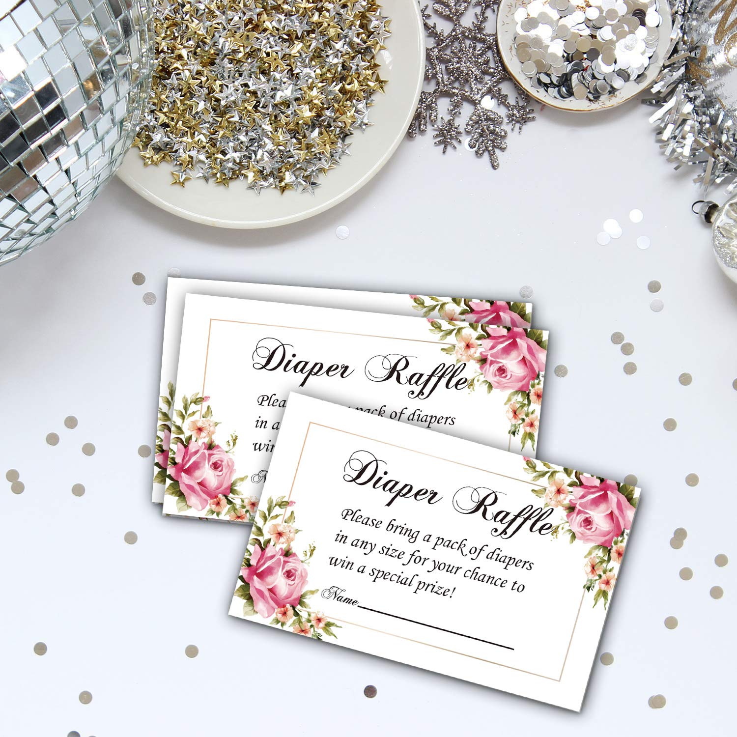 Diaper Raffle Tickets for Baby Shower (50 Count) 3.5" x 2" with Name Line, Pink Flower Design