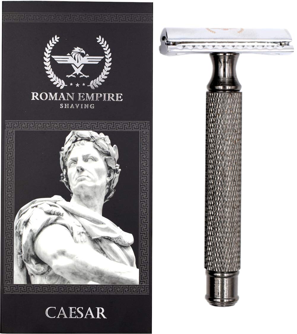 Caesar Gun Metal Safety Razor by Roman Empire Shaving with Set of 20 Shaving Blades (Astra-Derby-Shark-Treet)