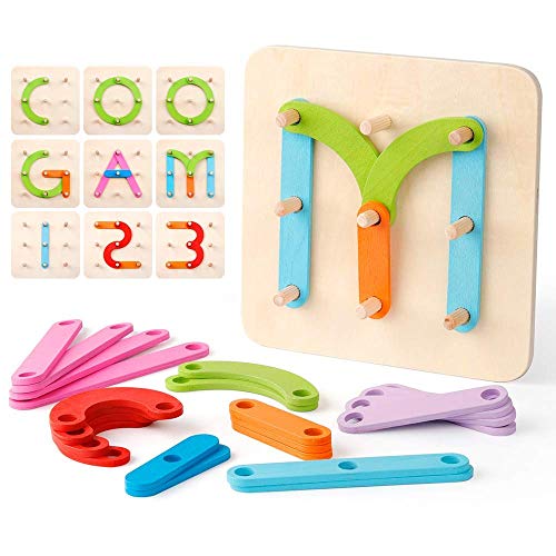 Coogam Wooden Letter Number Construction Puzzle Educational Stacking Blocks Toy Set Shape Color Sorter Pegboard Activity Board Sort Game for Kids Gift Preschool Learning STEM Toy