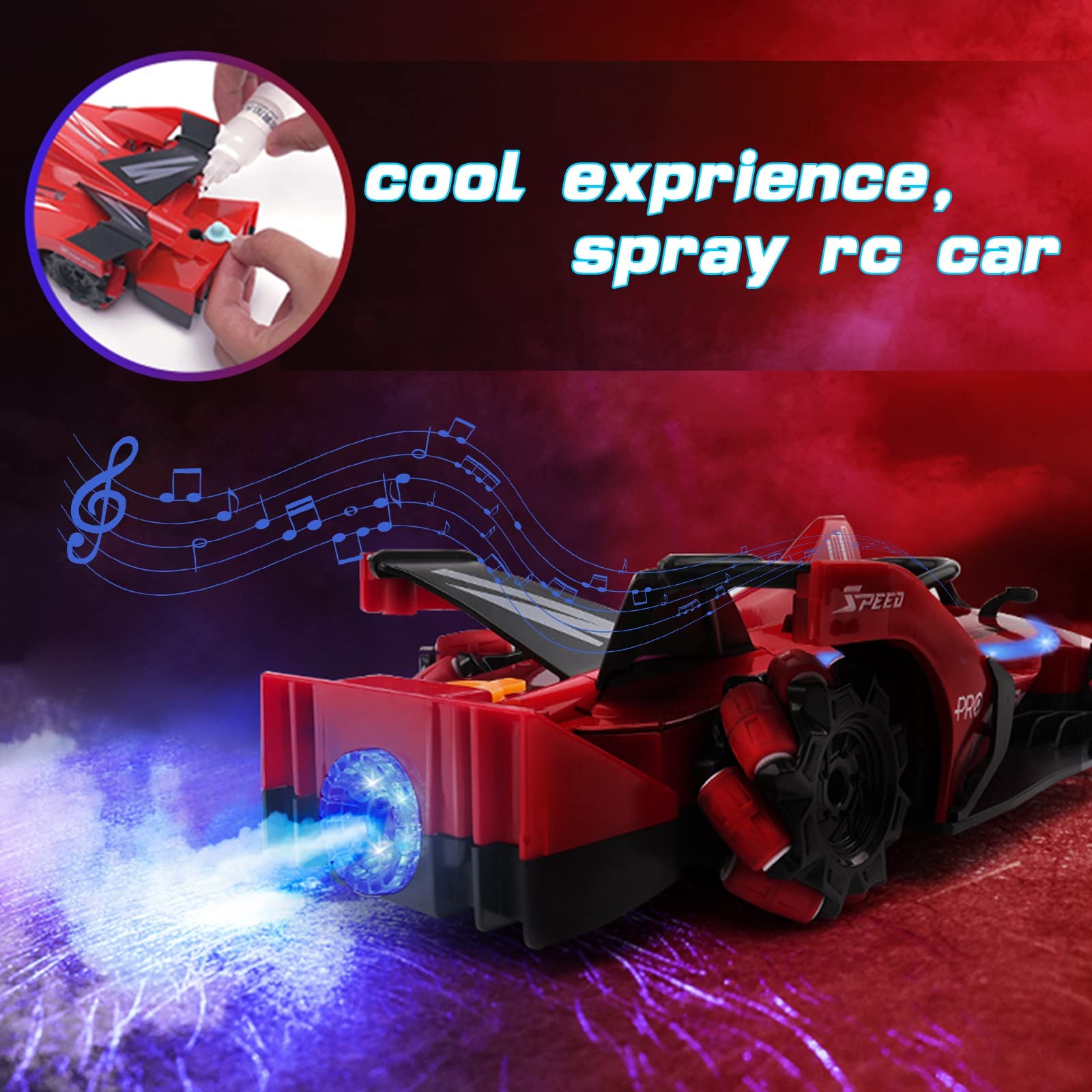 Agekub F1 Remote Control Car Drift RC Stunt Car for Kids 360°Rotating 2.4GHz Race Car Lights Music Spray Hand RC Car Gift for Boy Kids with 2 Batteries