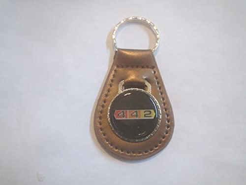 1965 1966 1967 1968 OLDS 442 4-4-2 TRI COLOR LOGO LEATHER KEYCHAIN - COPPER