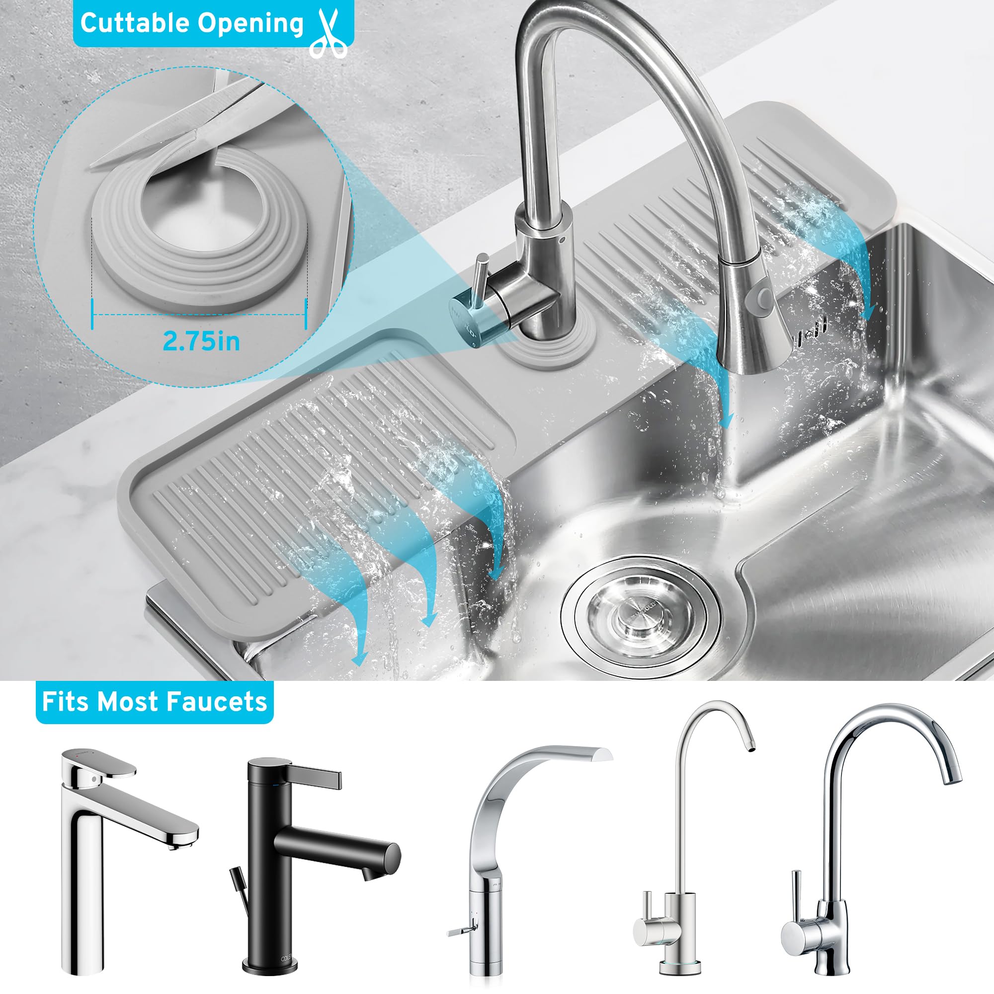 24 Inch Longer Kitchen Sink Splash Guard,Silicone Mat for Faucet 5° Slope Draining Mat for Kitchen Sink Faucet Drying Mat Drip Mat Protectors for Kitchen Sink(Grey 24.0" x 5.5")
