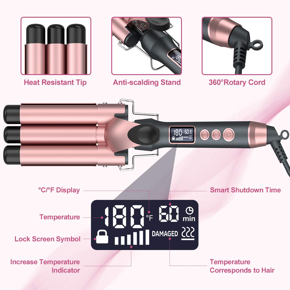 3 Barrel Curling Iron Wand 25mm Hair Waver Crimper Hair Iron with LCD Display, Ceramic Tourmaline Triple Barrels Temperature Adjustable, Dual Voltage (Rose Gold)