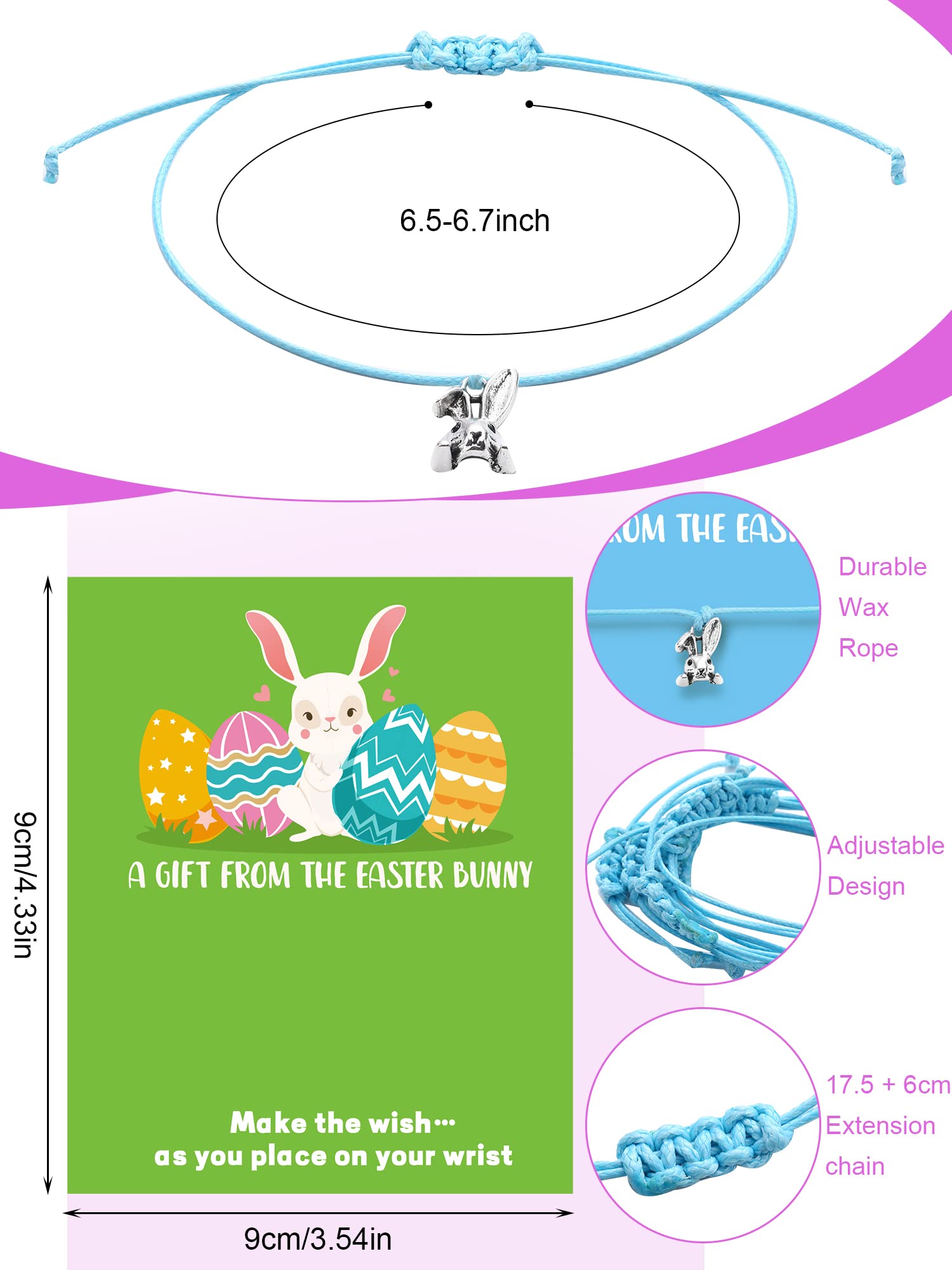 36 Pcs Easter Bracelets Easter Bunny Cards Set, Easter Bunny Charm Bracelets Adjustable Rope Rabbit Friendship Bracelets Cute Funny Easter Jewelry for Kids Women Girls Easter Gifts