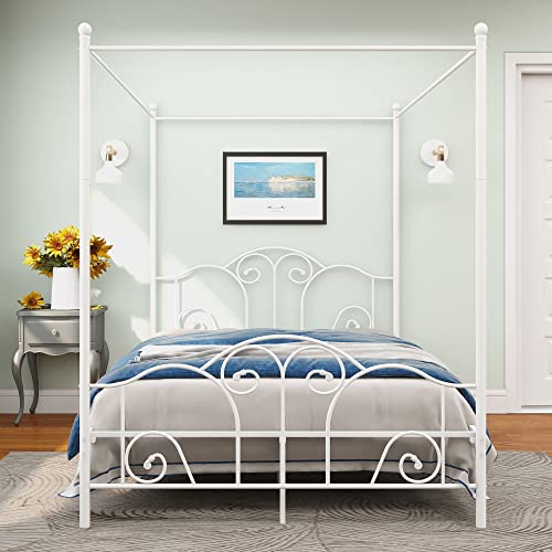 alazyhome Queen Canopy Platform Bed Frame with Headboard and Strong Support Frames Easy Assembly Noise-Free No Box Spring Needed White